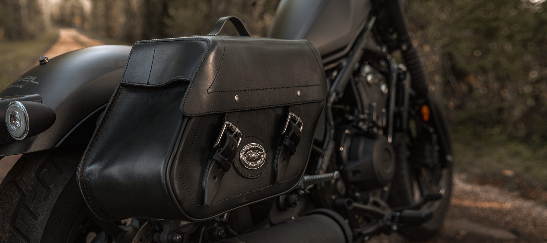 Black Leather Motorcycle Panniers / Quick-Release system. - LONGRIDE