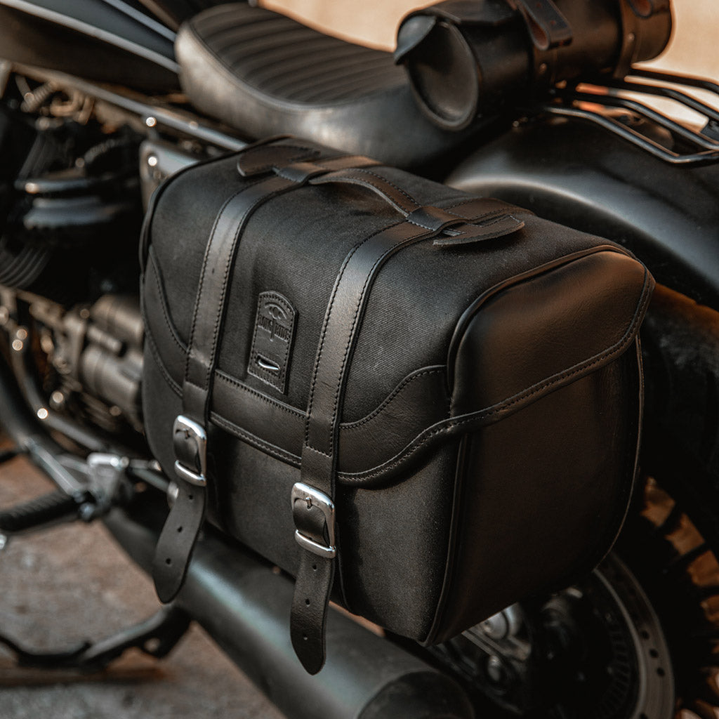 Black Leather Motorcycle Panniers / Quick-Release system. - LONGRIDE