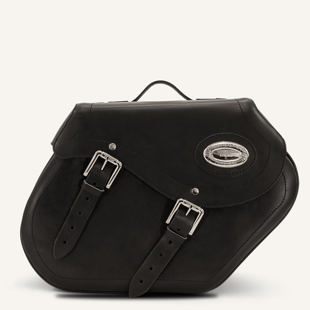 Black Leather Motorcycle Panniers / Quick-Release system. - LONGRIDE
