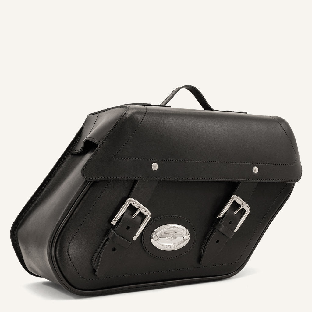 Retro Hard Panniers - Black Leather. - LONGRIDE